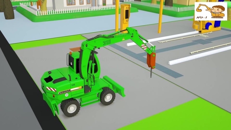 破碎挖掘机、翻斗车、搅拌机修建洗车站工程车动画片