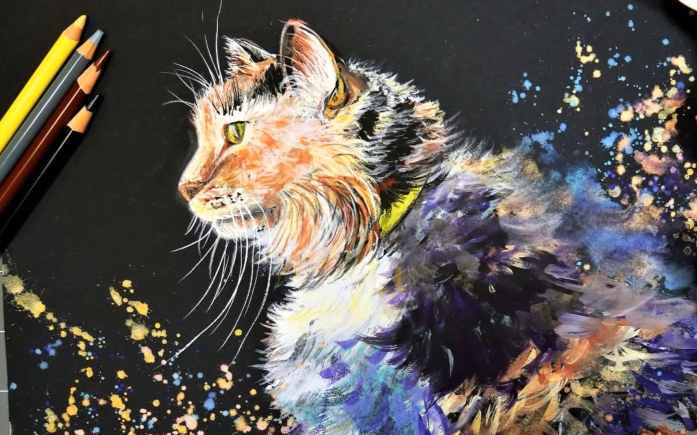 速写本 -- 黑色纸上用水粉画一只猫