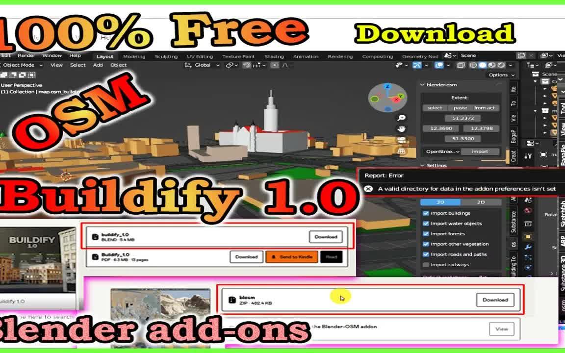 ...使用 OSM 和 Buildify 卫星地图地理信息建模 城市模型 街区 Blender...