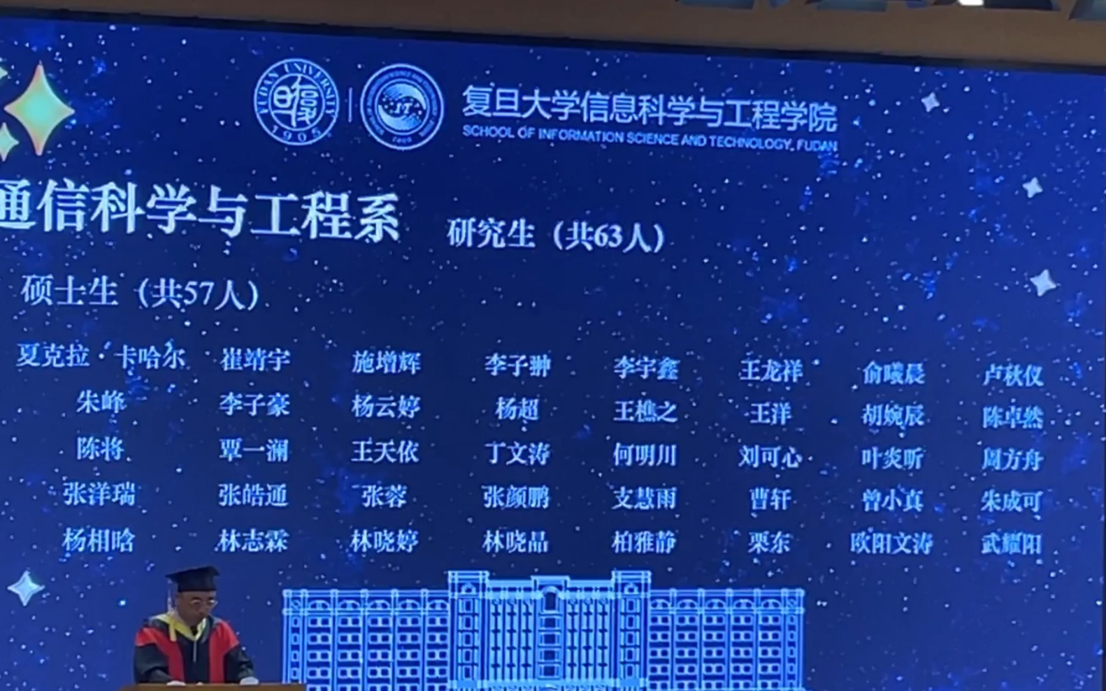 毕业了!宣读毕业生名单。麦克老师的男中音真好听啊!