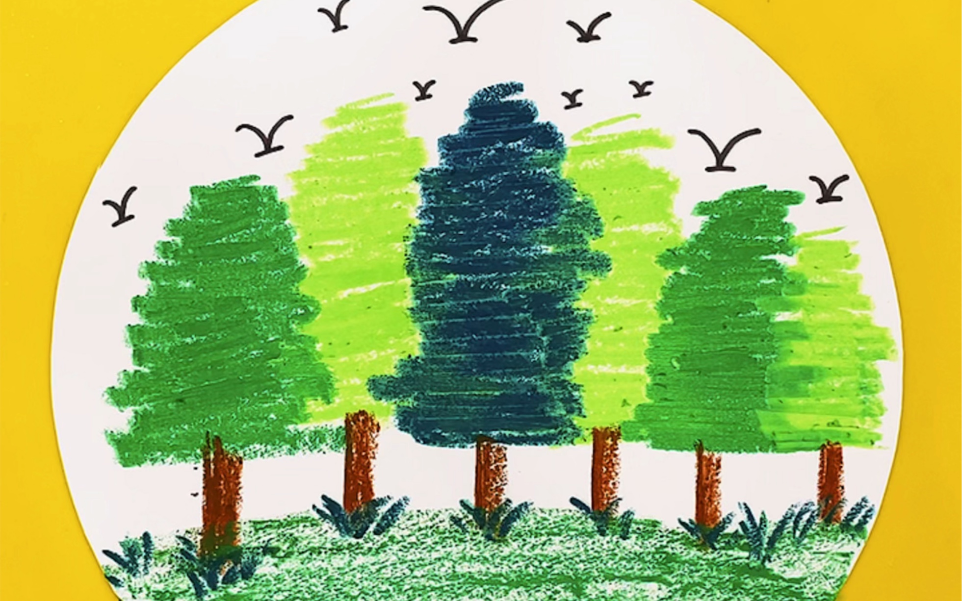 油画棒风景画:简单教你学会画小树林…