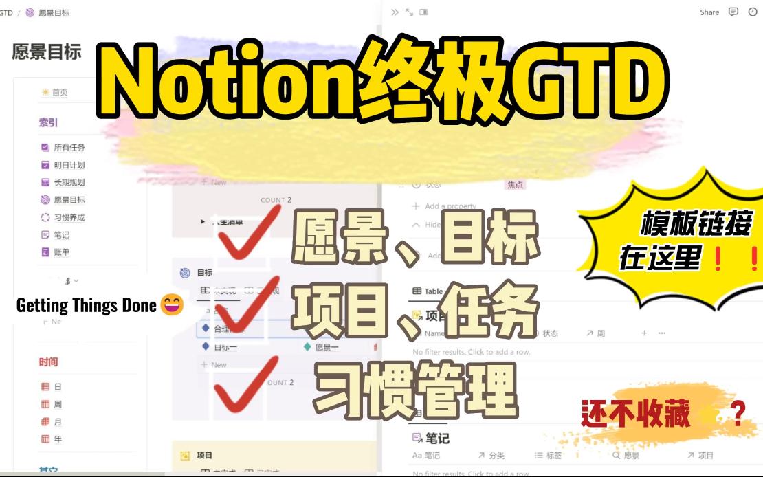 Notion终极模板GTD(三)愿景、目标、项目、任务、习惯管理 Notion模板