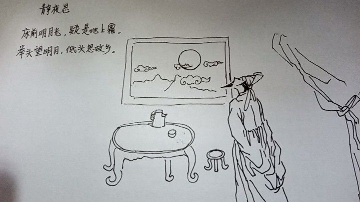 举头望明月,静夜思古诗配简笔画