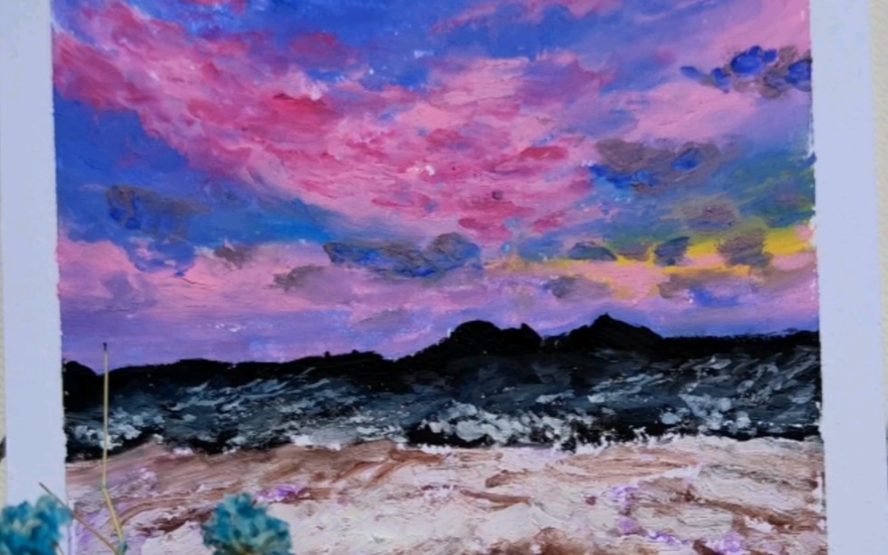油画棒教程,紫色天空,大海