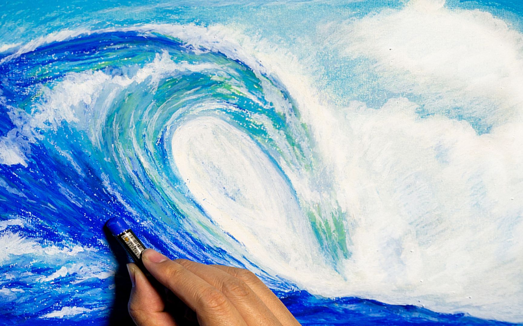 油画棒绘制波涛汹涌的大海