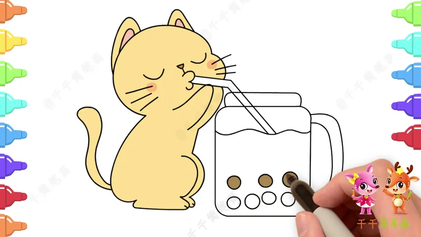 偷喝奶茶的可爱小猫简笔画,太萌了,3分钟学会卡通小动物画法