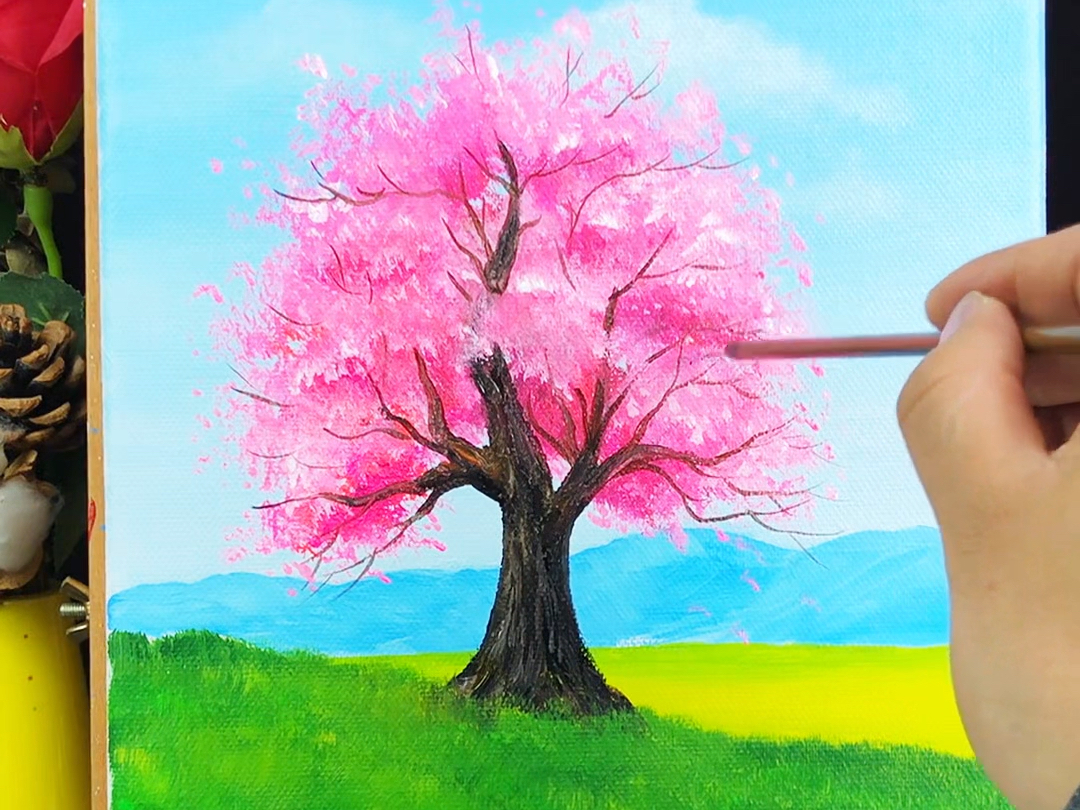 【丙烯画】樱花树画法教程,树枝还能这样画!