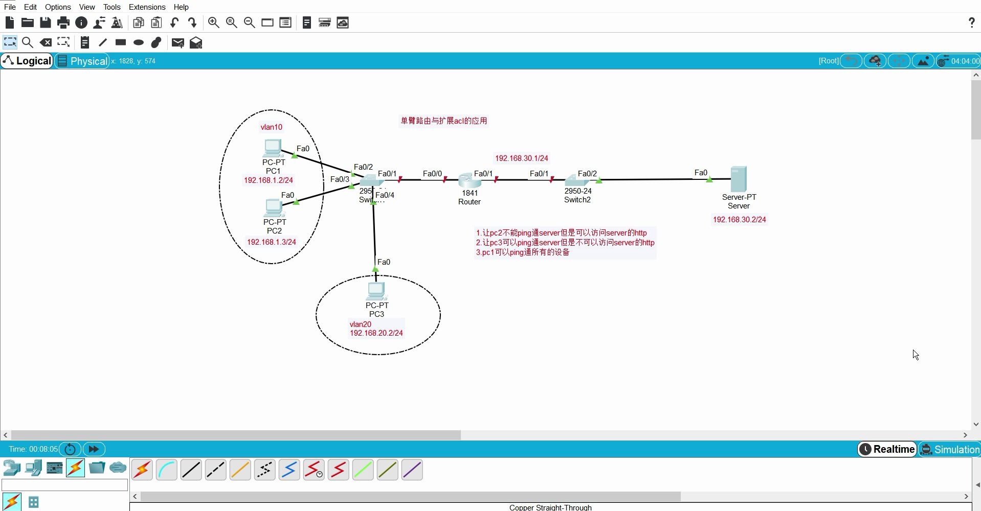 思科Packet Tracer 单臂路由与扩展acl的应用