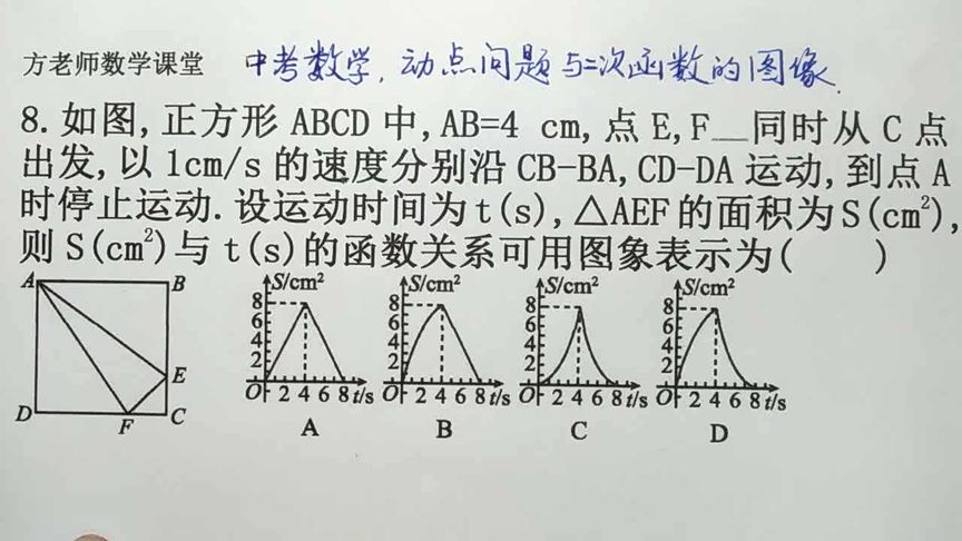 九年级数学:动点问题,面积S和时间t的函数关系,是哪个图像?