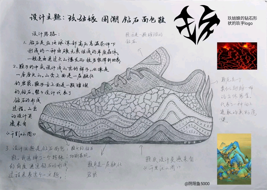 手绘玖姑娘钻石面包鞋,玖字logo设计。