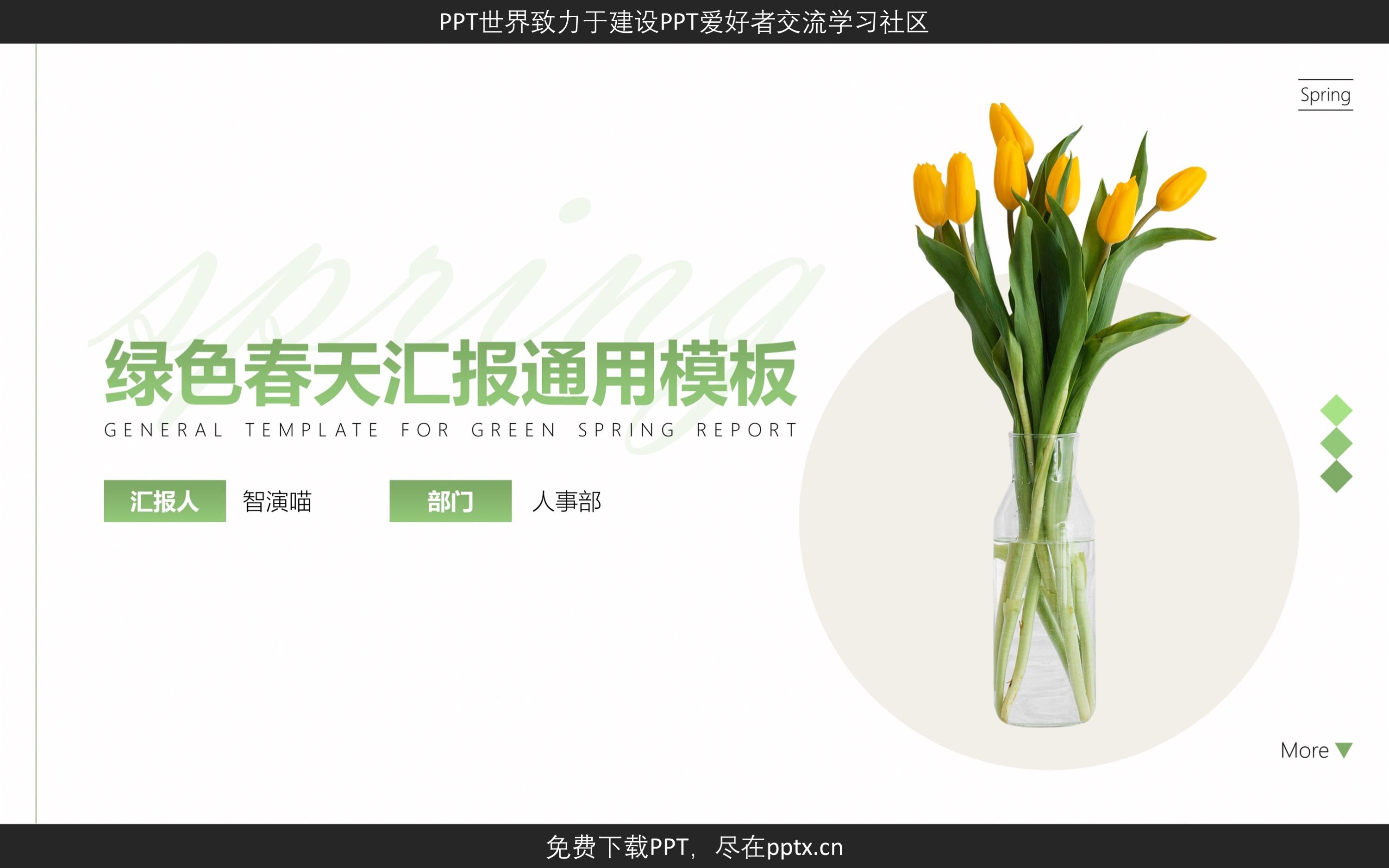 免费PPT-绿色春天简约总结汇报通用PPT模板-山猪