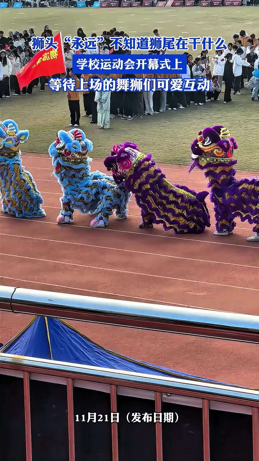 学校运动会开幕式上,等待上场的舞狮们可爱互动