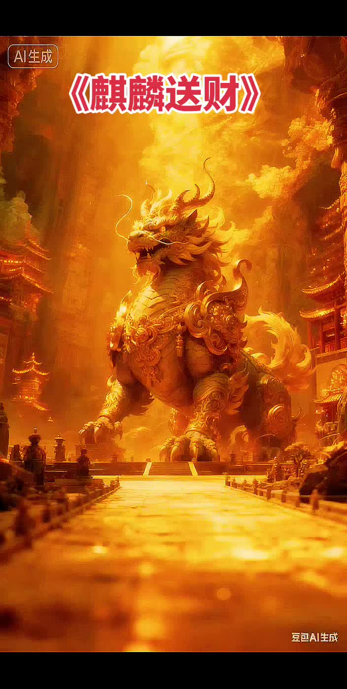 #麒麟 #这是一幅AI生成的金色麒麟形象,画面呈现出浓郁的中式神话...