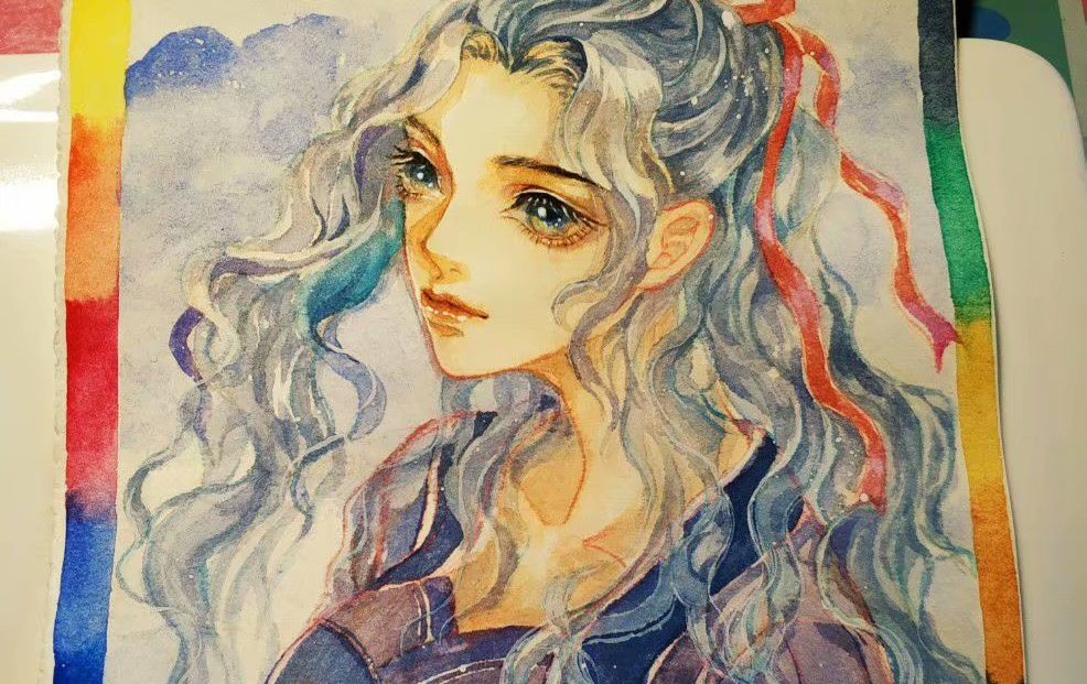 【水彩过程】=--=素描纸上色?可以的!画个小姐姐美美的~