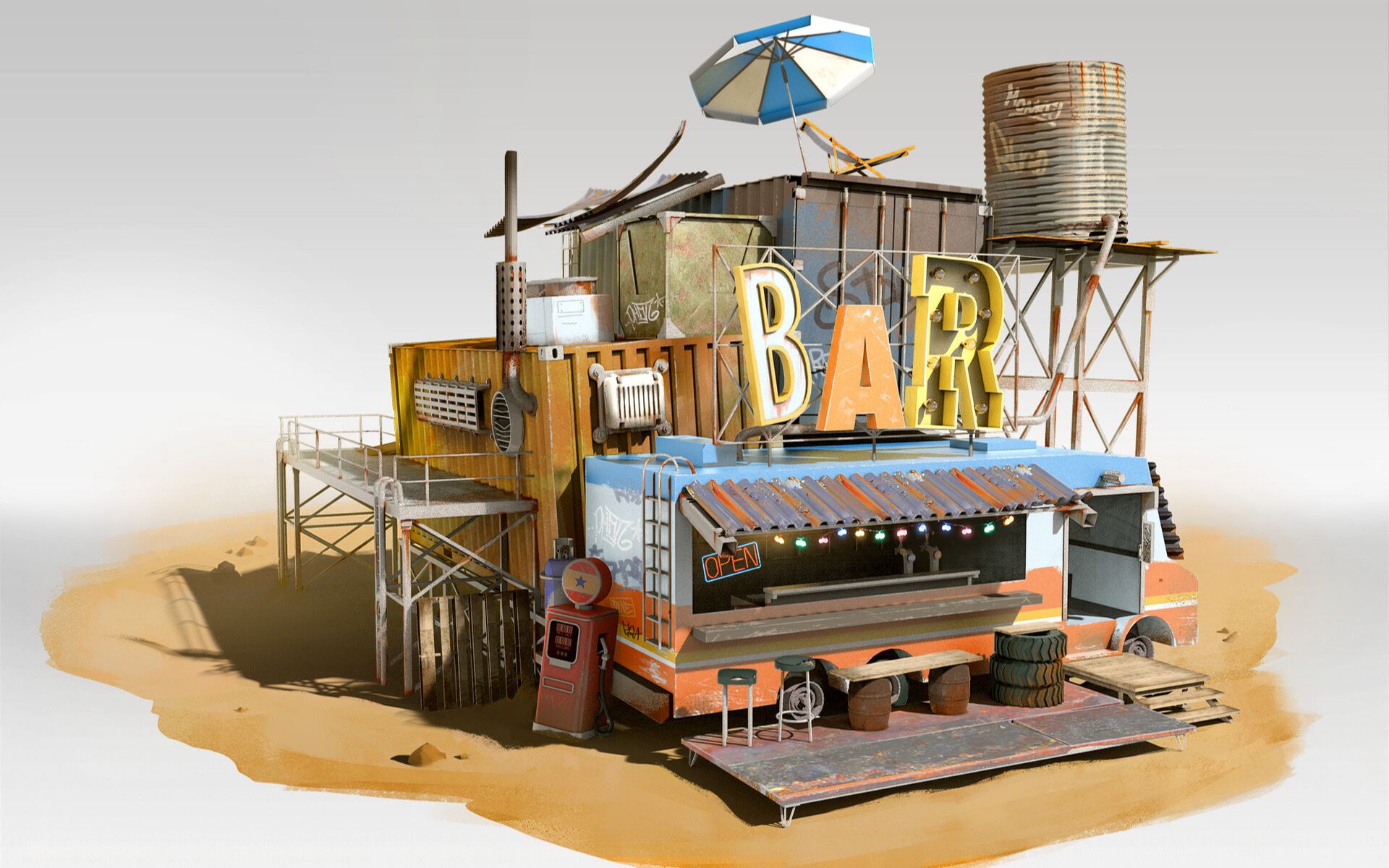【Maya场景建模】场景沙滩酒吧模型制作,零基础建模案例讲解