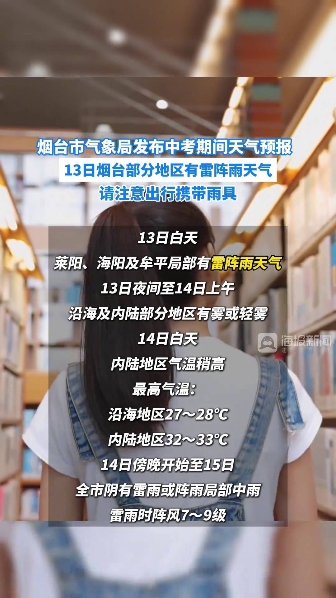 烟台市气象局发布中考期间13-15日天气预报。
