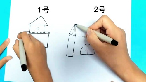 姐姐妹妹比赛画城堡,创意简笔画,城堡简笔画,儿童画,创意画