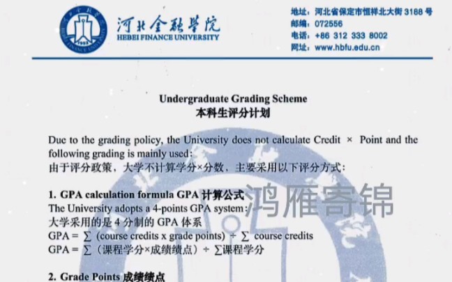 河北金融学院本科成绩绩点证明评分计划打印 鸿雁寄锦