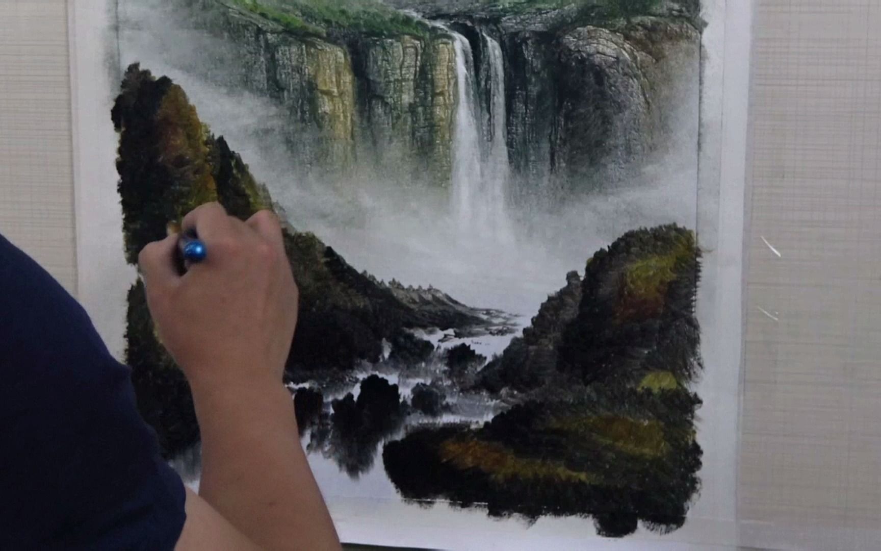 刀画视频、刀画学习视频之高岸飞瀑图中近处树木的画法