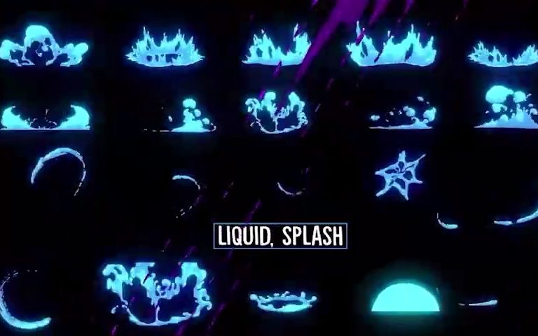 ...逐帧手绘二维卡通粉尘烟雾火焰爆炸冲击能量水花飞溅线条动画模板