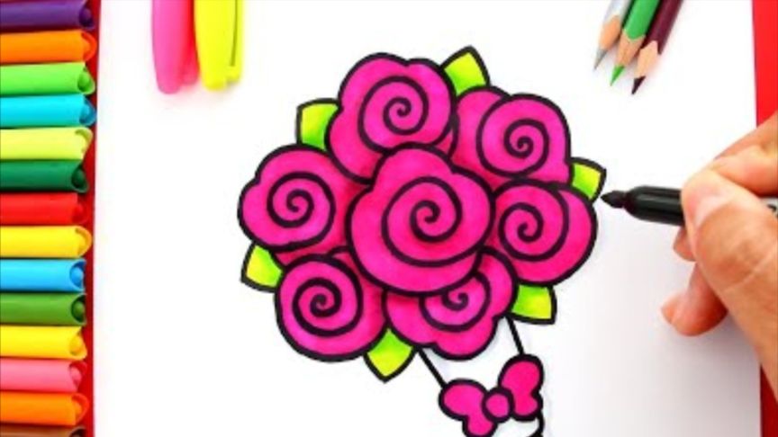 趣味简笔画,绘制一束玫瑰花并着色,你学会了吗?