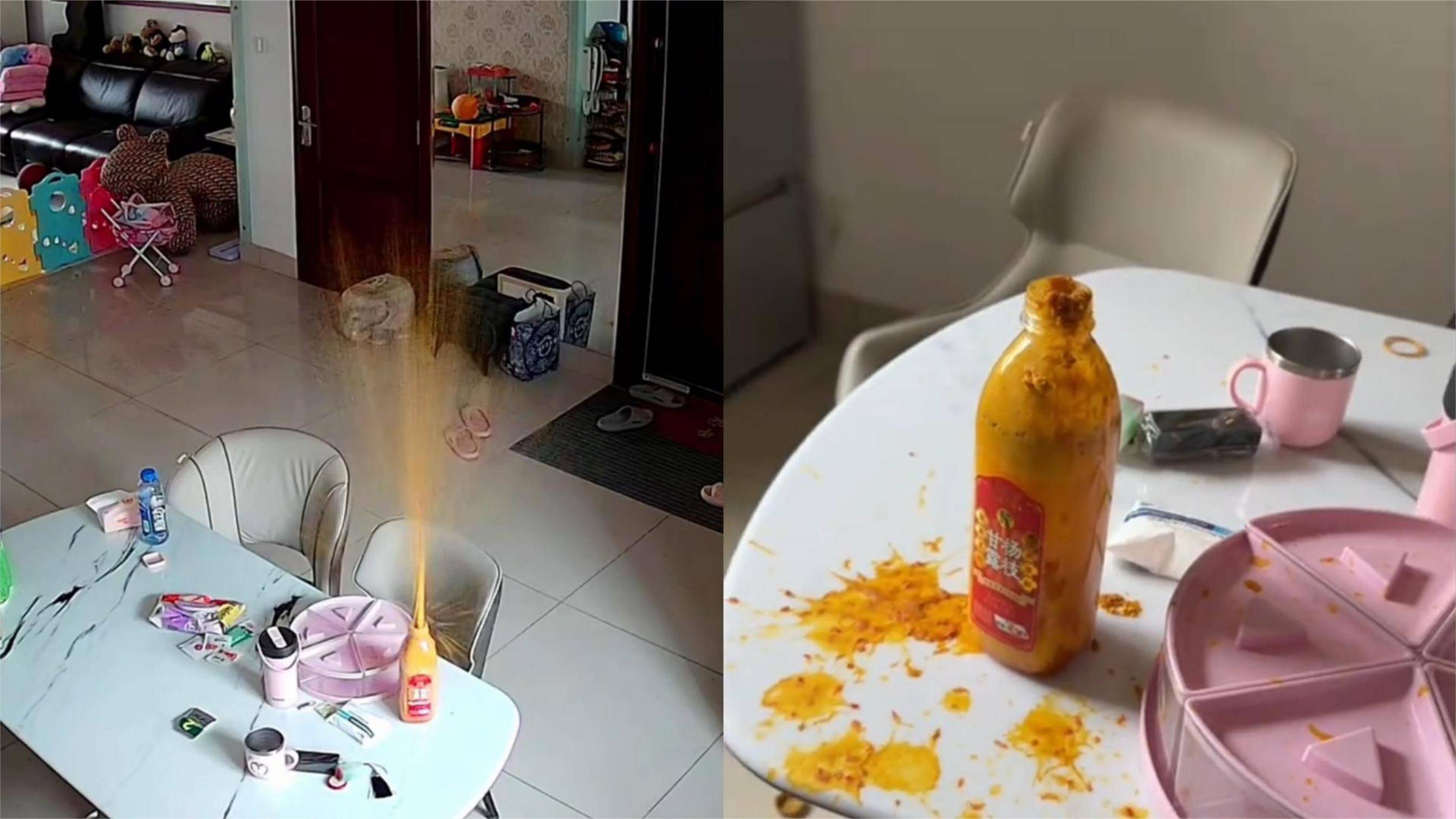 女子把未开封杨枝甘露放桌子上,8天后杨枝甘露爆炸屋内一片狼藉,当事...