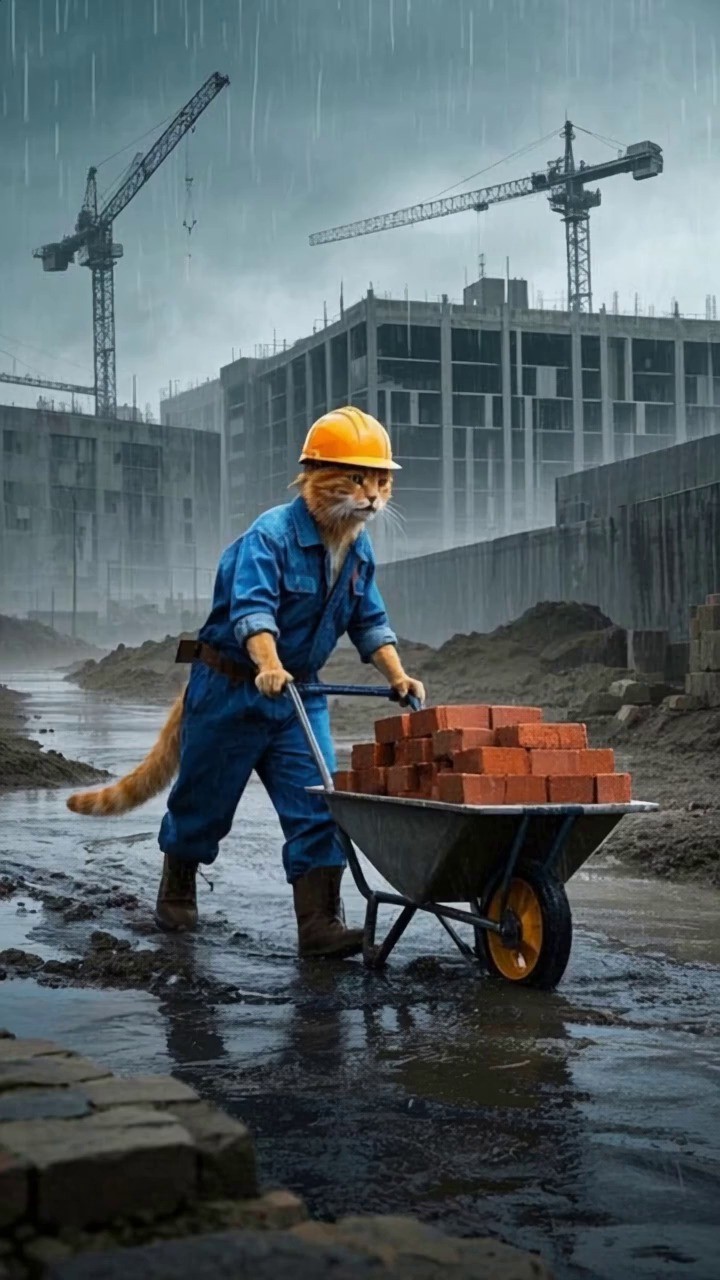 ...双手推动满载红砖的金属手推车,工地背景有脚手架、混凝土搅拌机和...