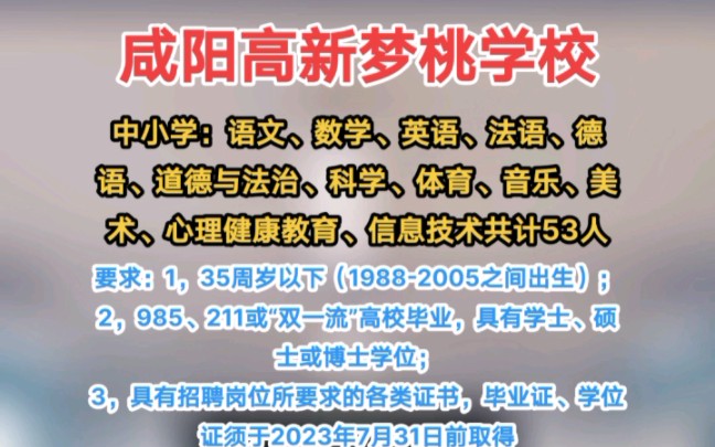 今日工作推荐:咸阳高新区梦桃学校教师岗位