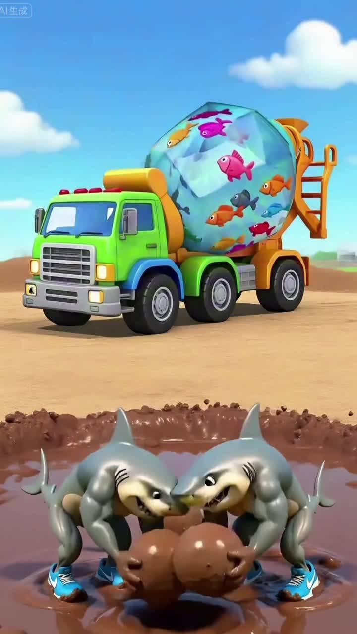 动漫:洒水车给脏兮兮的搅拌车洗澡,工程车动画片大全