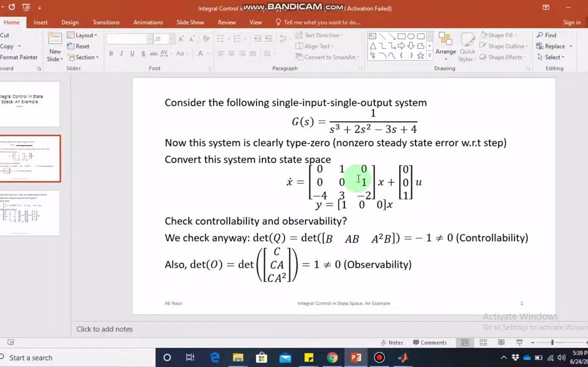 Simulating State Space based Integral Control using MATLAB
