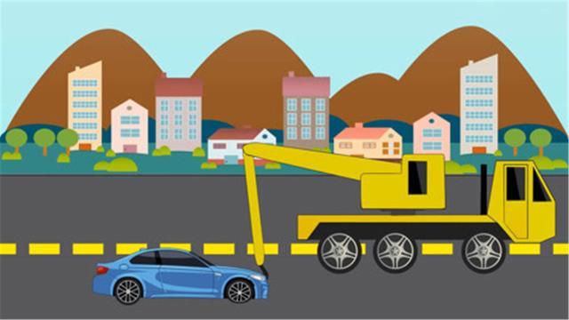 工程车维修队拖车出动,运输小汽车去修理场