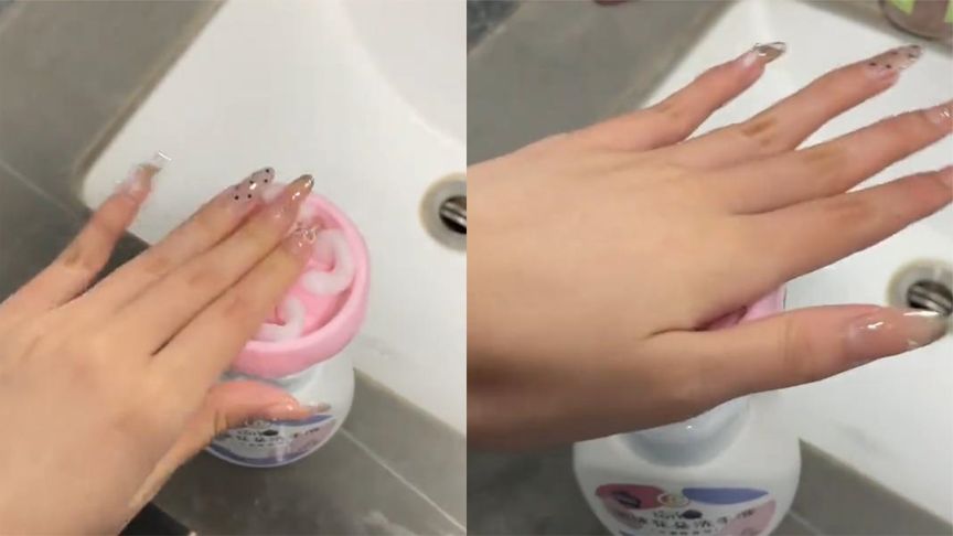女子突然发现洗手液正确用法,一直不懂这个款式,上手疑惑终解开