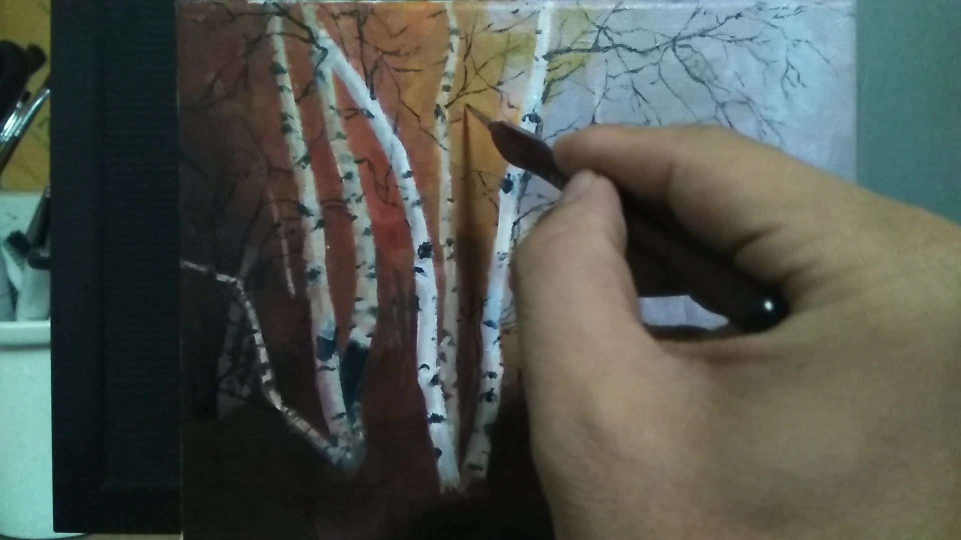 油画/风景白桦林树枝画法
