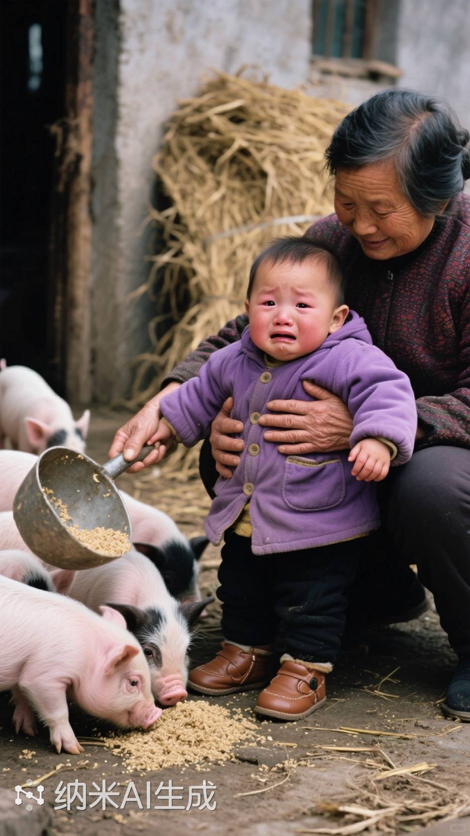 喂猪被小猪拱哭啦,奶奶赶紧抱怀里哄 #萌娃