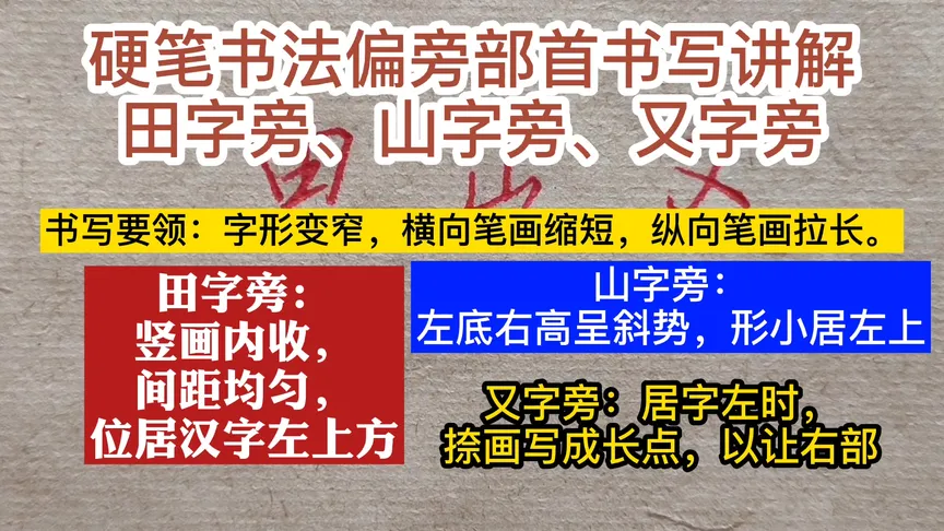 偏旁田字旁的书写要领:左底右高呈斜势,形小位居左上