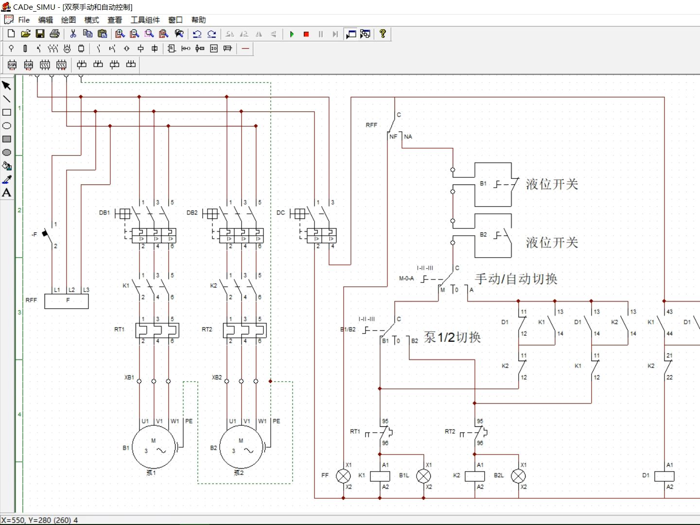 CADe_SIMU电路仿真软件-简单的2台泵手动+自动切换控制,电工基础