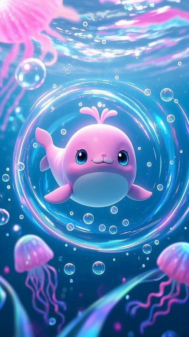 粉色卡通小鲸鱼在梦幻水母和珊瑚环绕的清澈海水中快乐游动,周围...