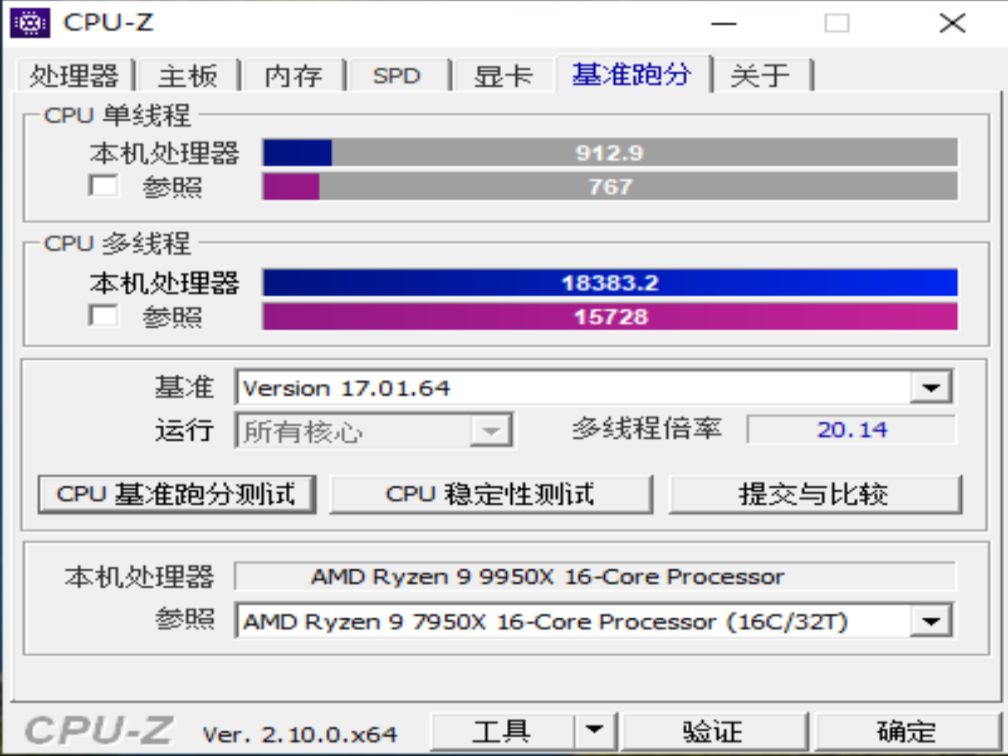 9950X 开启pbo2 cpu z跑分