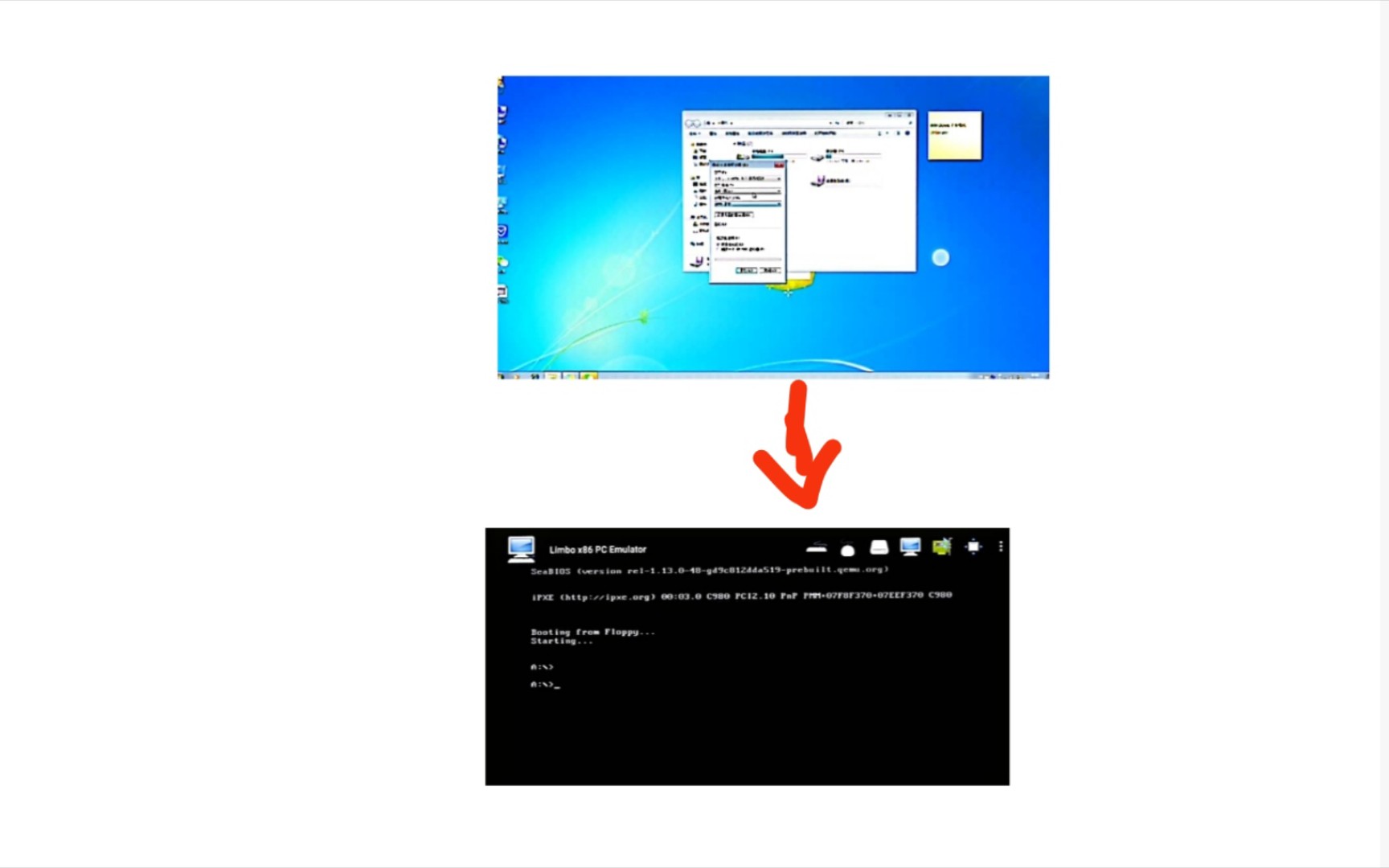 在手机limbo模拟器运行的Windows 7制作MS-DOS启动磁盘然后在没...