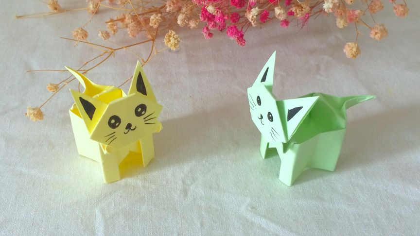手工折纸猫咪收纳盒,萌萌的简单易学又实用,摆在桌面超好看