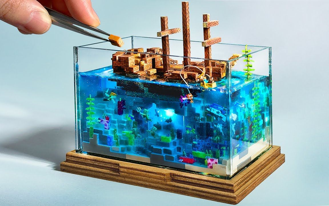 【Minecraft】制作我的世界10cm沉船遗迹水族馆模型!(WUZU Clay)