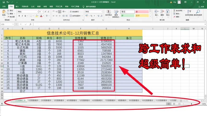 Excel不同工作表也能求和汇总,12个月的数据求和分分钟完成