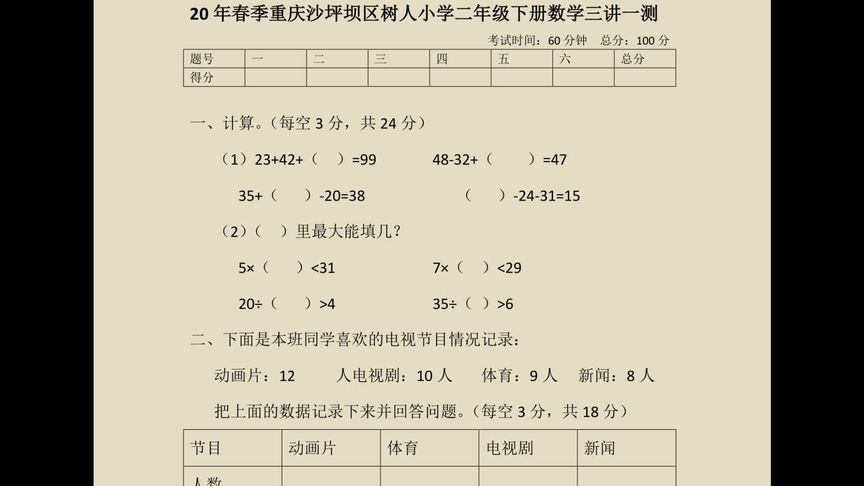 二年级下册数学检测卷,老师:试题不难,但想考高分,不容易