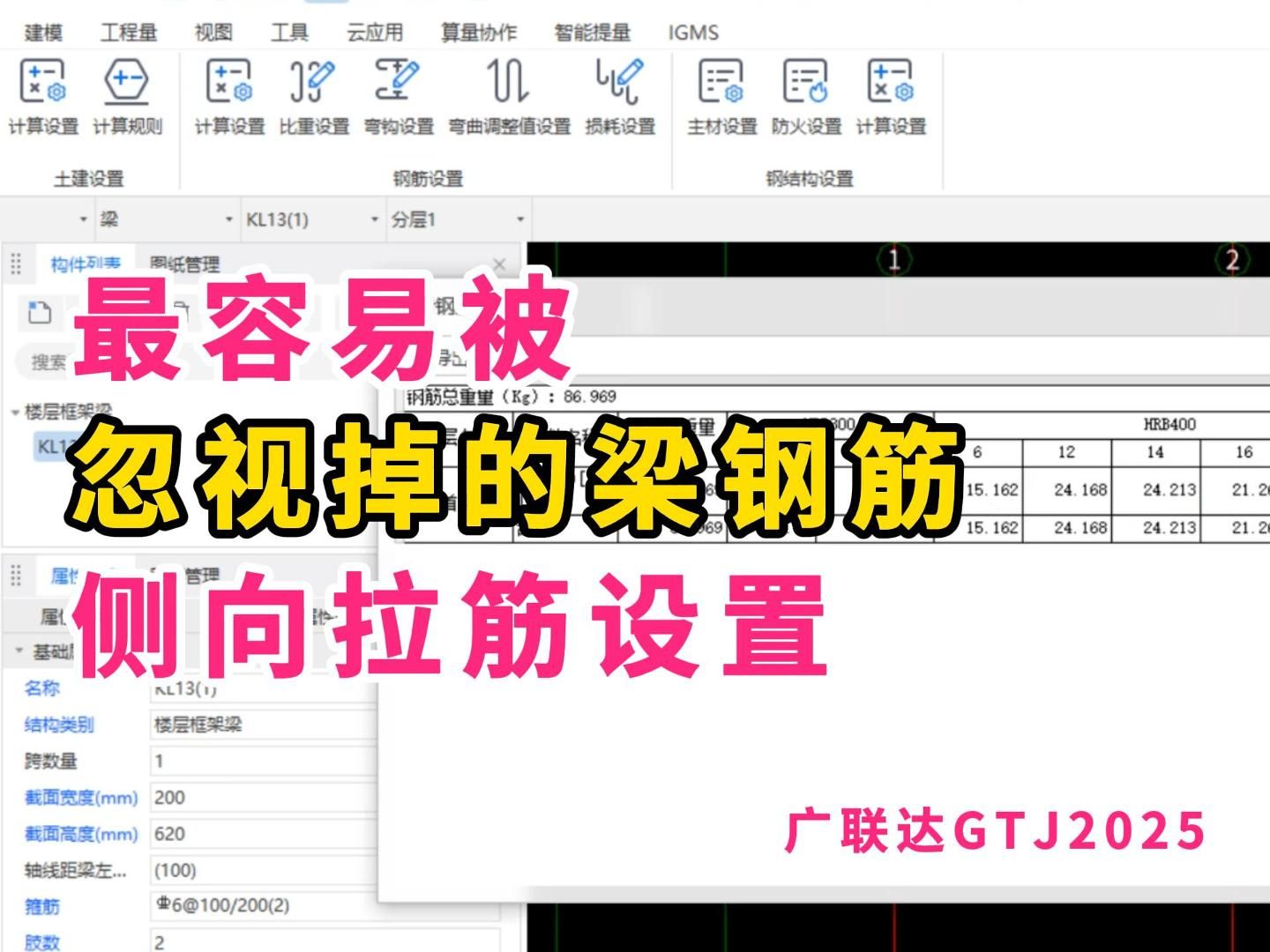 广联达梁钢筋侧向拉筋的设置/广联达GTJ2025建模算量教程/广联达...
