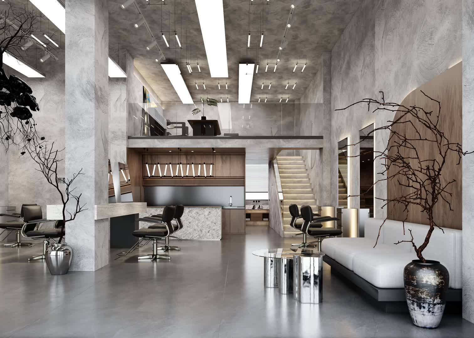 这是一家工业风男士理发店。原始水泥的质感,墙面直接用仿微水泥漆...