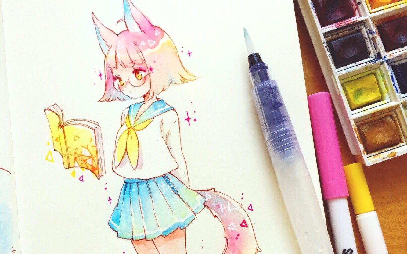 【动漫手绘过程】水性马克笔+水彩绘画过程展示,画师 Yenkoes