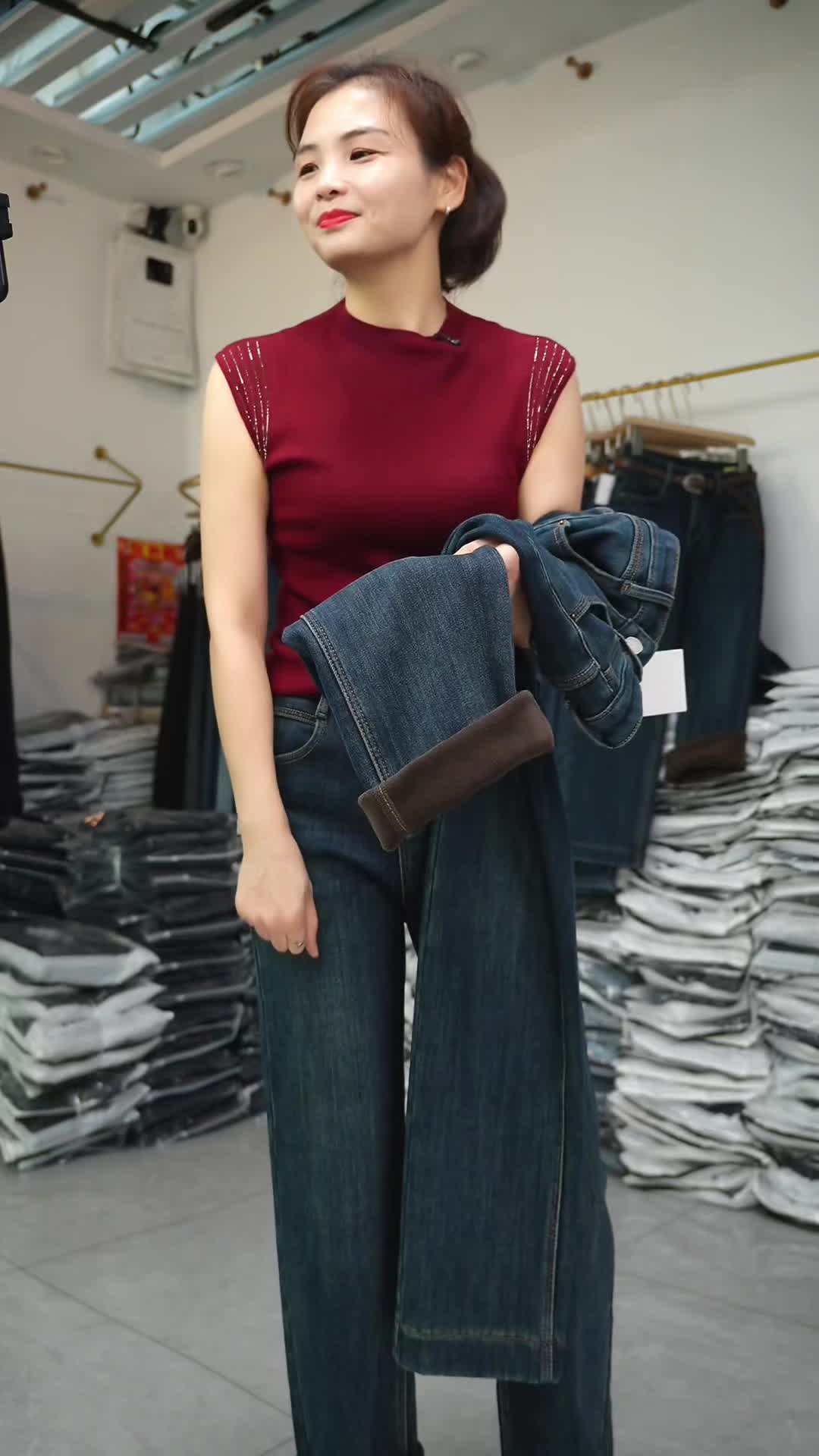 冬季加绒加厚复合一体绒牛仔裤 33327新款一体绒四面弹高腰显瘦直筒...