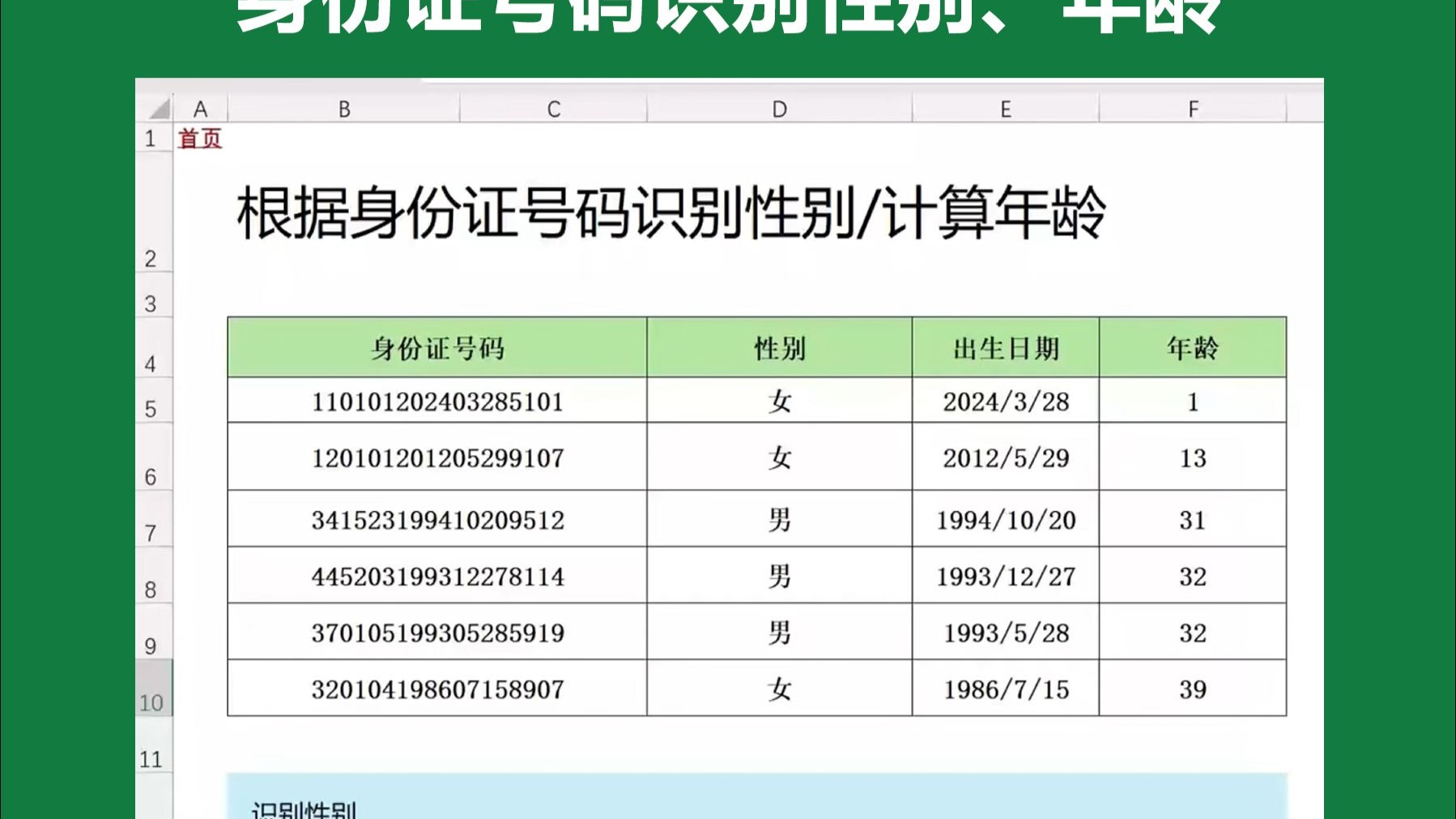 excel函数身份证号码识别性别年龄