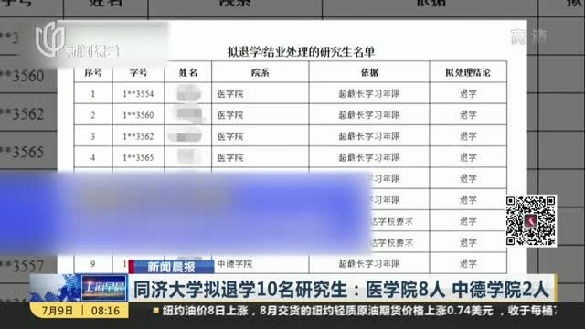 同济大学拟退学10名研究生:医学院8人 中德学院2人