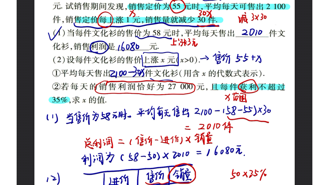 九上小班1v1【上分卷】一元二次方程的应用利润问题